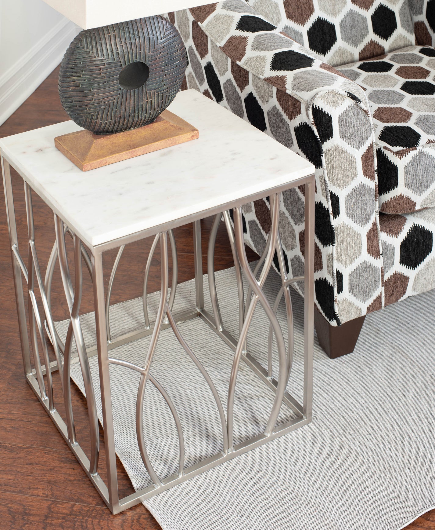 Roundhill Furniture Kameral Square Marble End Table with Stainless Ste