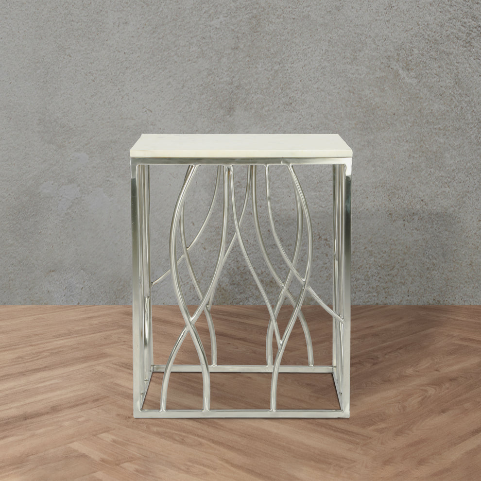 Roundhill Furniture Kameral Square Marble End Table with Stainless Ste