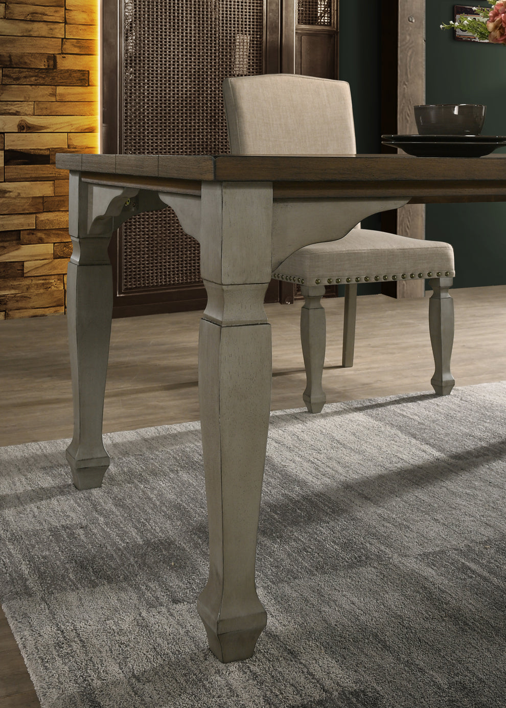 Breda Antique Gray and Dark Oak Finished Wood Dining Set, Table with F ...